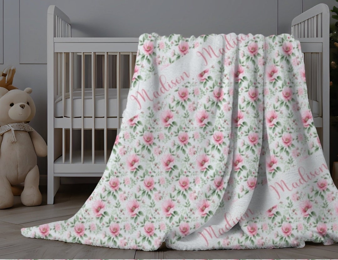 Pink Floral Baby Blanket, Personalized Baby Girl Blanket, Baby Name ...