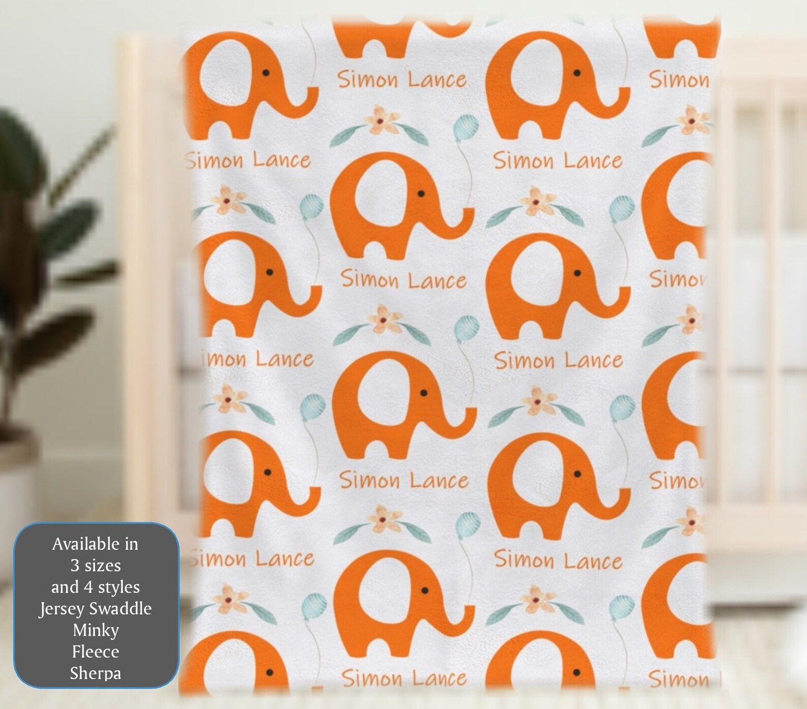 Orange Elephant Baby Blanket, Personalized Baby Name Blanket, Custom ...