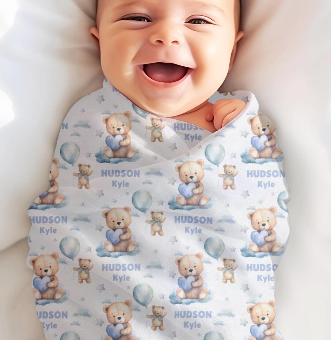 Custom Teddy Bear Swaddle, Personalized Baby Boy Blanket, Infant ...