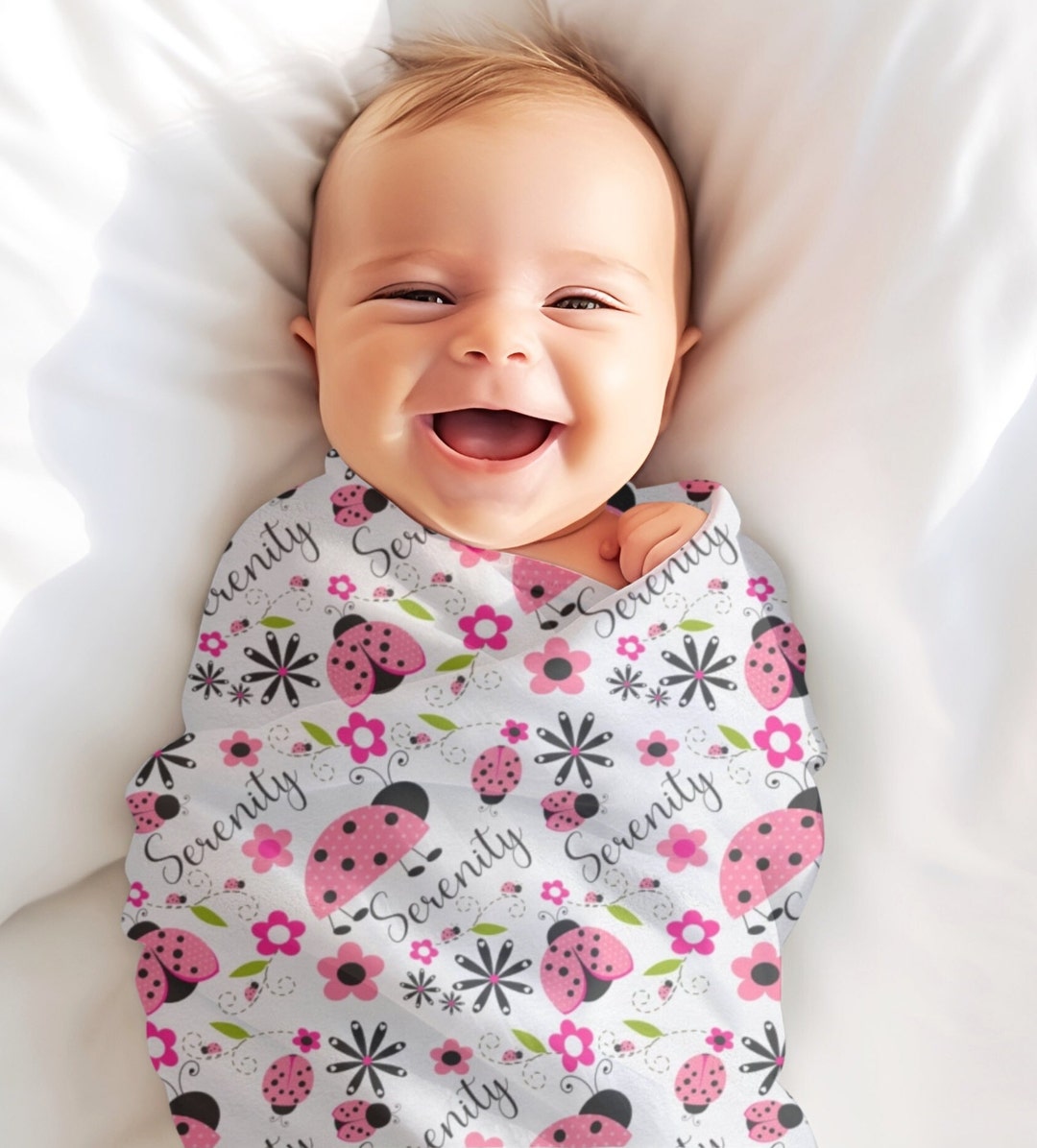 Baby Girl Swaddle Blanket, Pink Ladybug Name Blanket, Personalized Baby ...