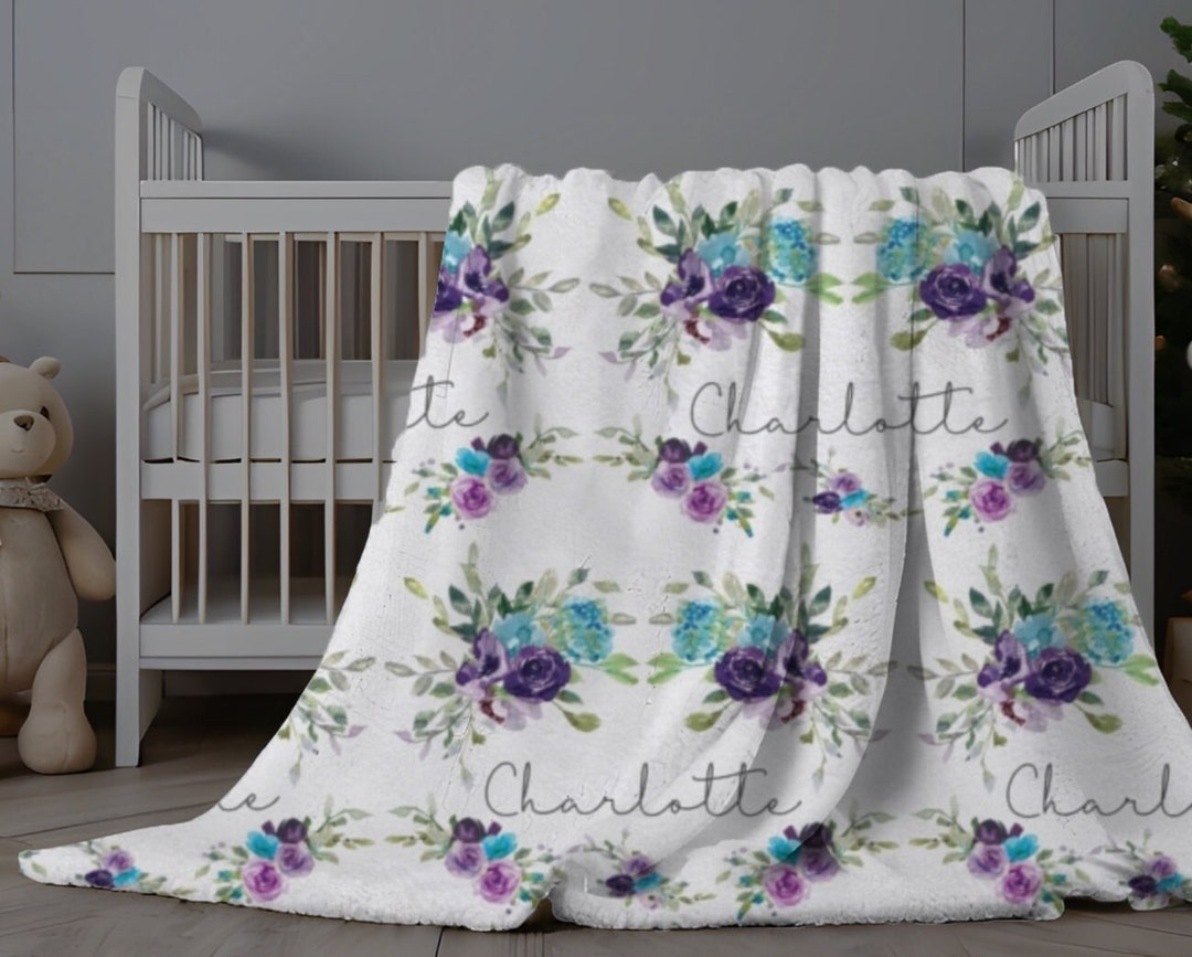 Purple Teal Floral Blanket, Personalized Baby Girl Floral Blanket, Baby ...