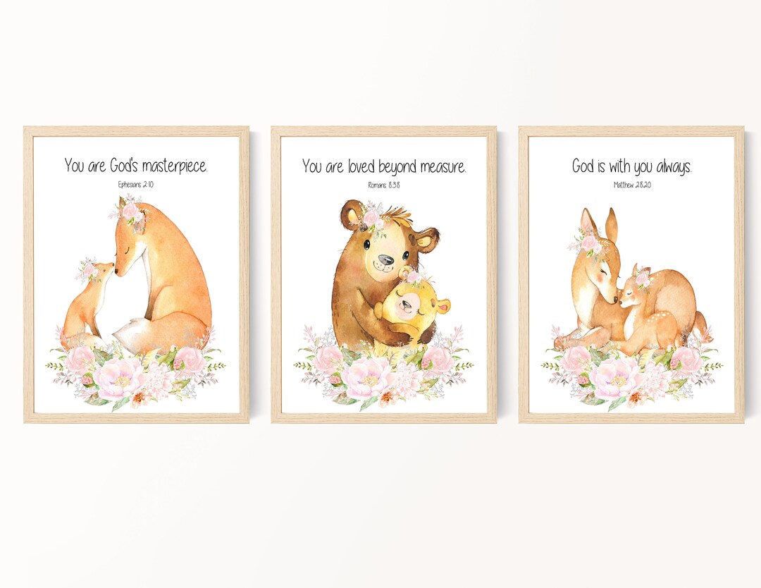 Kid's Bible Verse Prints, Woodland Animal Nursery Wall Art, Christian ...