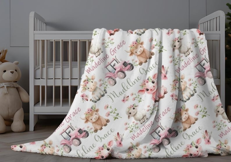 Farm Animals Blanket Baby Girl, Custom Name Blanket Girl, Pink Tractor ...
