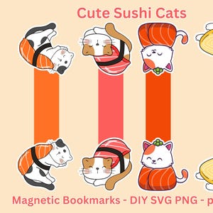 Cat Sushi Magnetic Bookmarks: Kawaii Kitten Stationery (digital ...