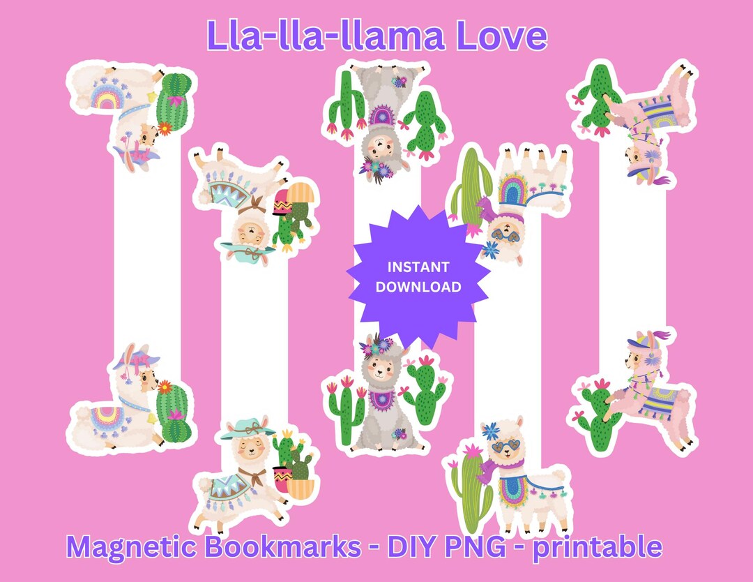 Llama Cactus Magnetic Bookmarks: Kawaii PNG Printable (digital Download ...