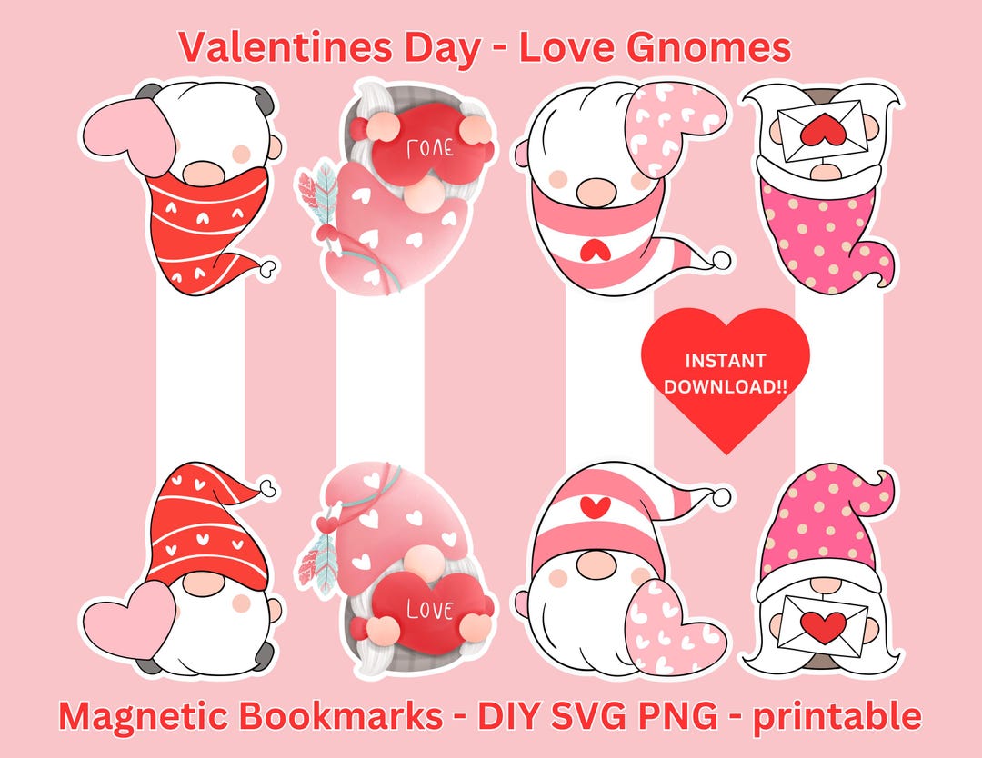 Valentines Love Gnomes - Printable Magnetic Bookmarks - DIY PNG Digital ...