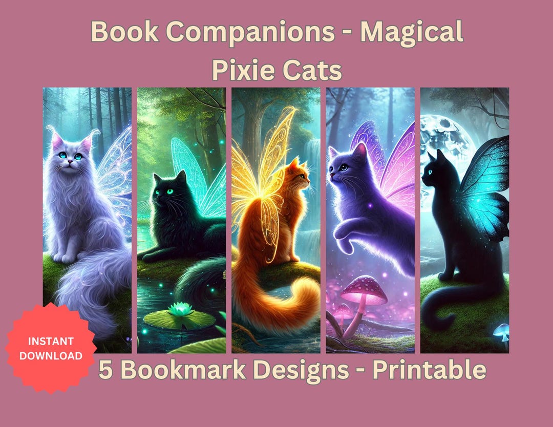 Magical Pixie Cats - Printable Bookmarks - DIY PNG Digital Download - Booklovers, Bibliophile ...