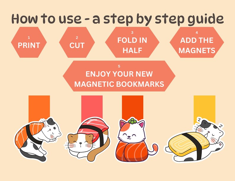 Cat Sushi Magnetic Bookmarks: Kawaii Kitten Stationery (digital ...