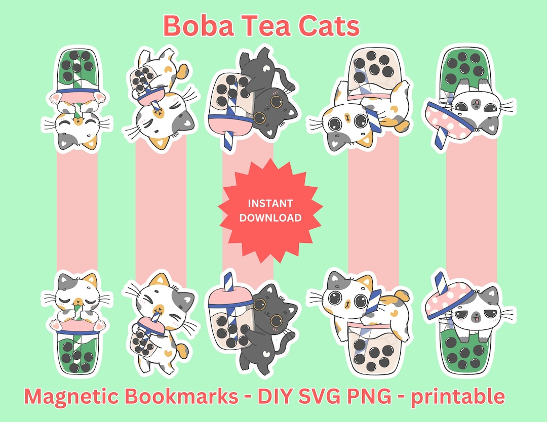 Boba Tea Cats - Printable Magnetic Bookmarks - DIY PNG Digital Download ...