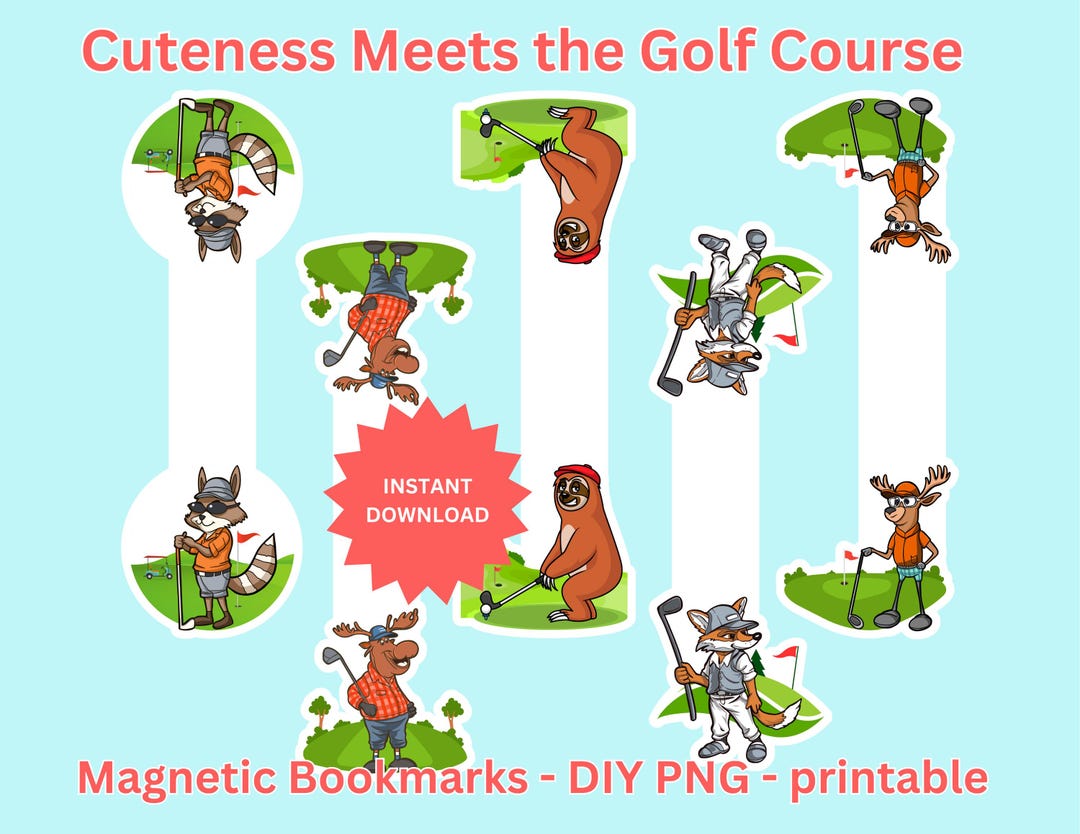 Golf Animals Magnetic Bookmarks: Raccoon, Sloth, Fox (DIY PNG Digital ...