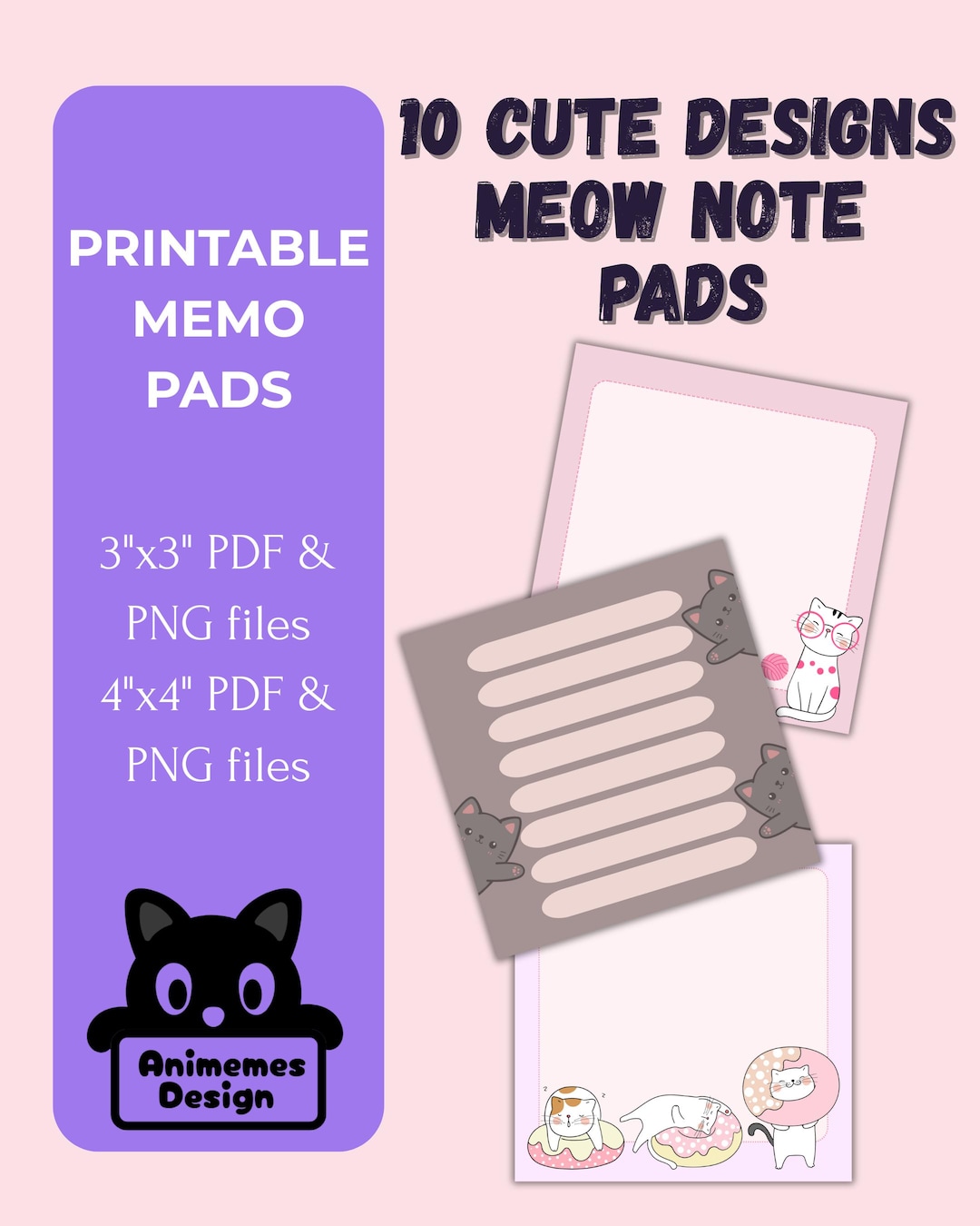 Meow Pads - Printable Memo Sticky Note Pad Template - DIY PDF PNG ...