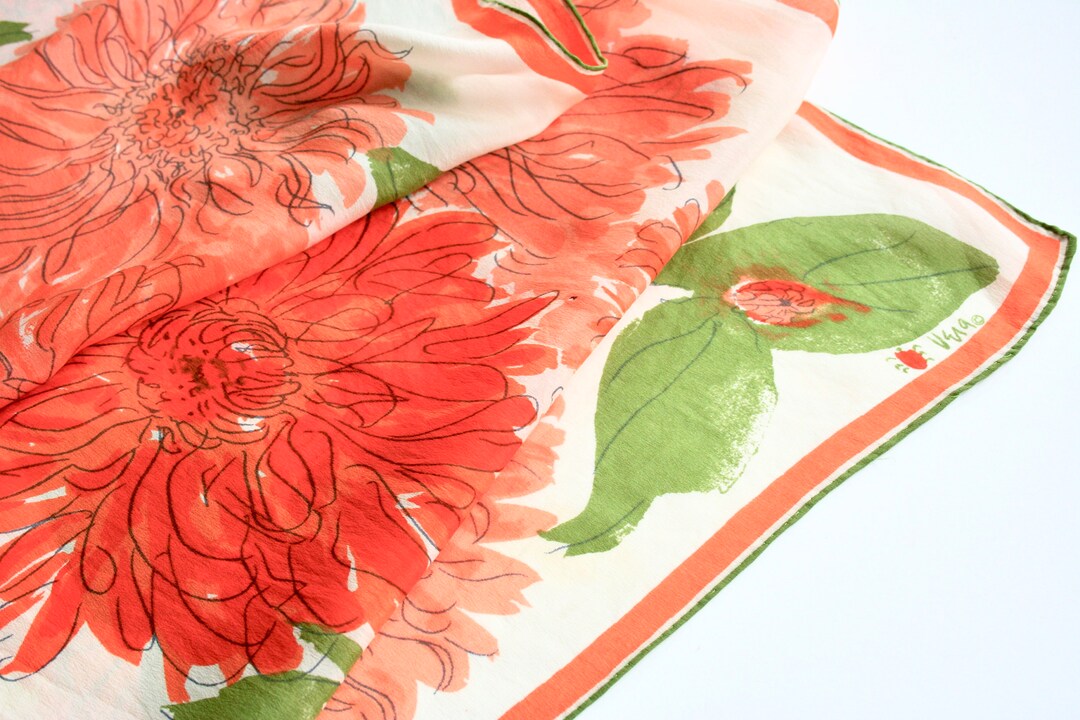 Vera Neumann Ladybug Scarf With Brushwork Dahlias. Floral Scarf, Semi ...
