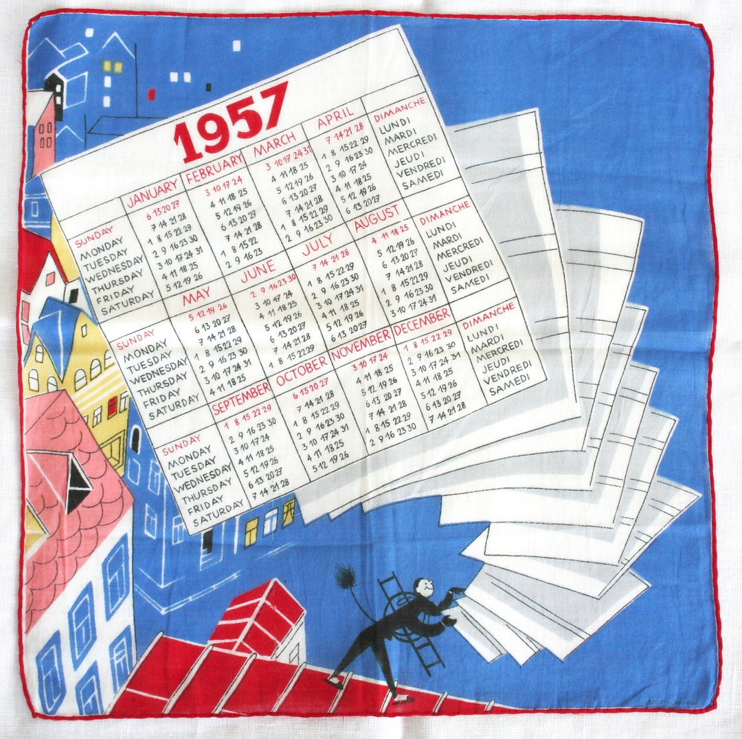 Vintage 1957 Calendar Hankie. Chimney Sweep, Rooftops, Cityscape, City ...