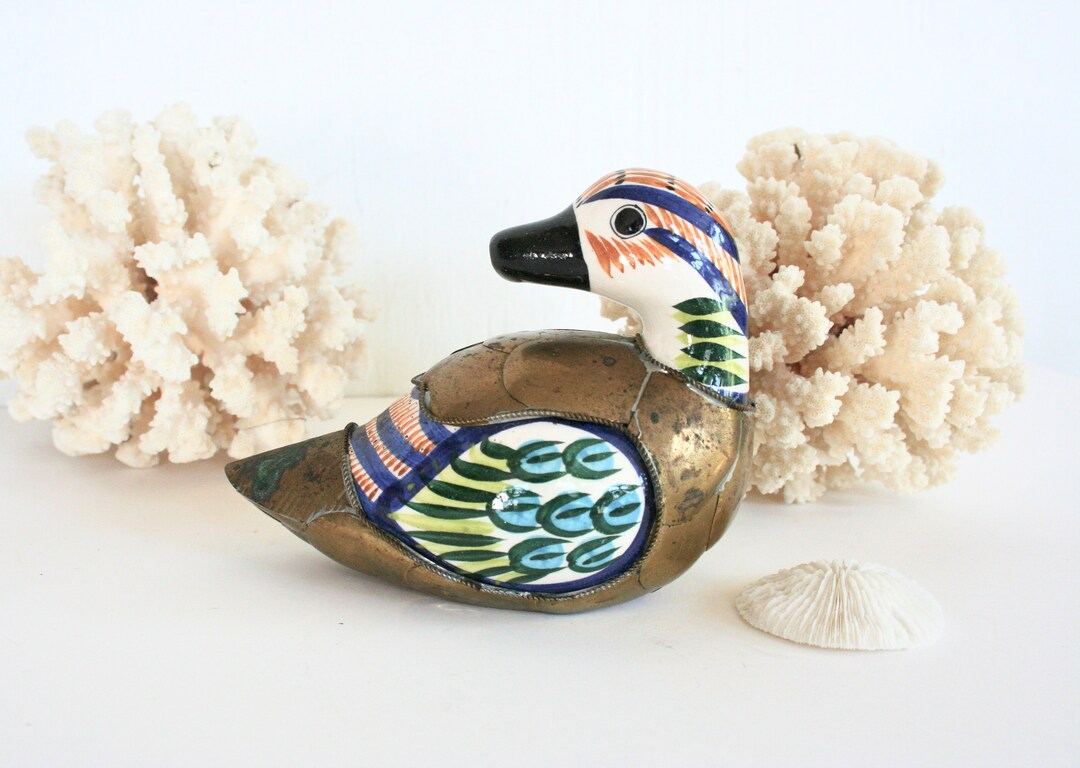 Vintage Tonala Brass Clad Duck Figurine. Made in Mexico, Hand Painted ...