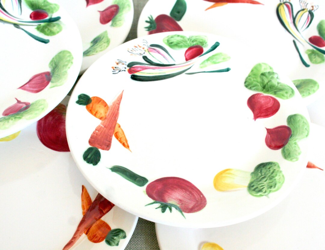 Six Vintage Majolica Hand Painted Appetizer Cheese Plates, Textured ...
