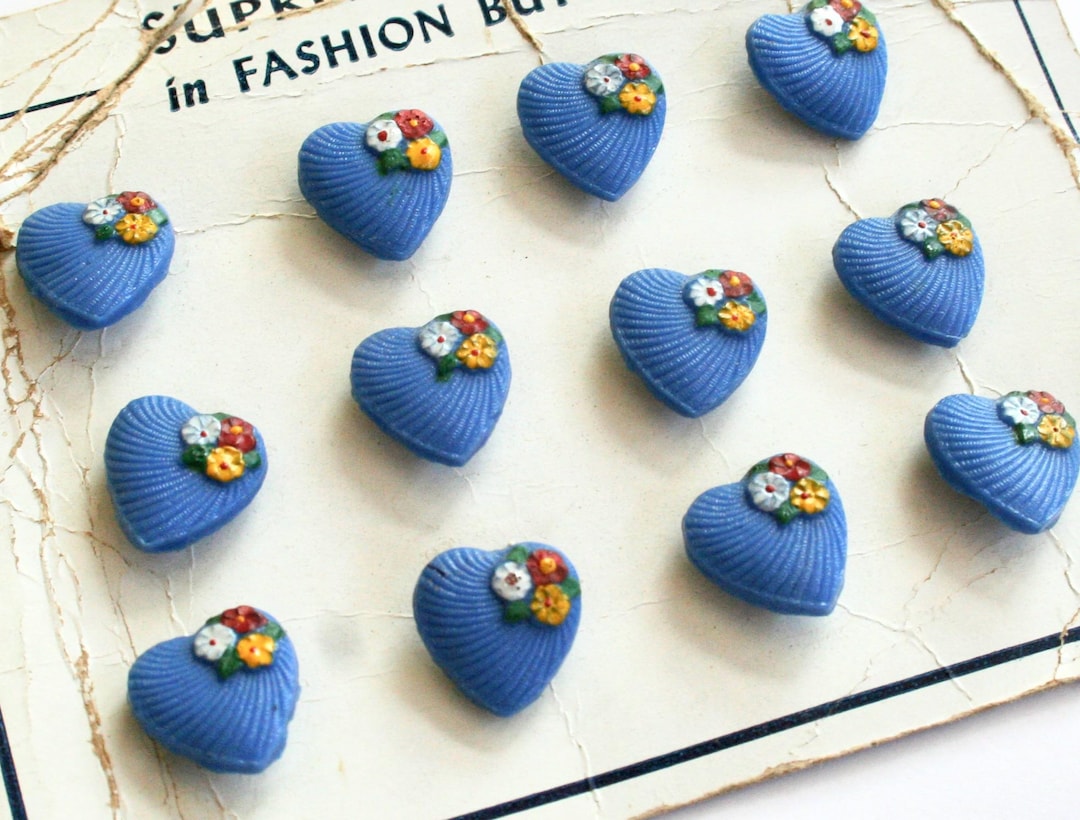 Vintage Periwinkle Heart Glass Buttons, Floral Embellished, NOS - Etsy