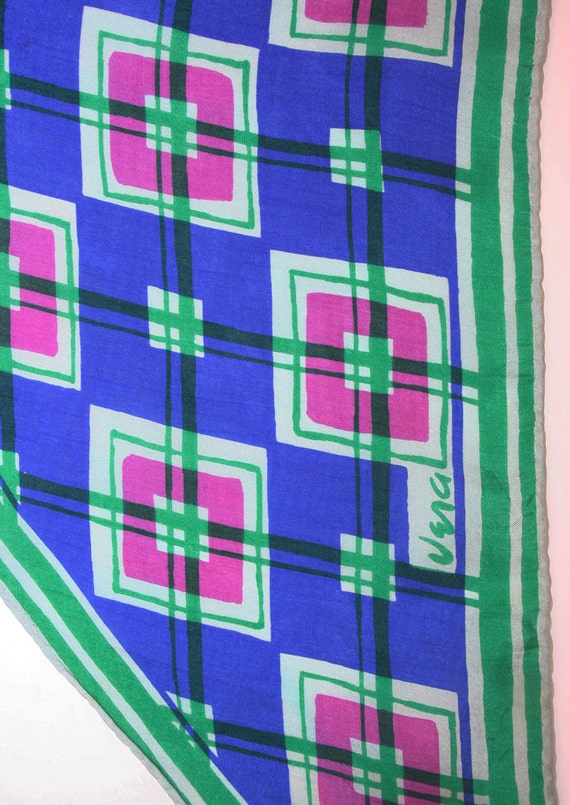 Early Vera Split Wingtip Scarf. Checkers in Electric Blue Green and Hot Pink. Parachute Silk Hand Rolled Mid Century. Etsy