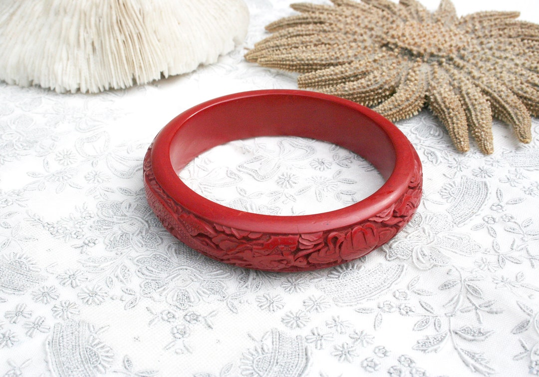 Vintage Carved Cinnabar Bangle. Double Dragon Bracelet, Brick Red ...