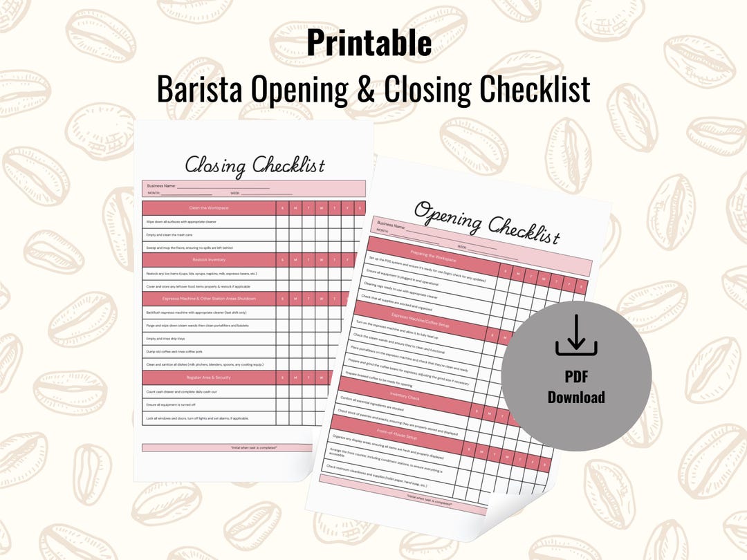 Barista Opening and Closing Checklist Printable PDF, Cafe Checklist, Coffee Shop Checklist ...