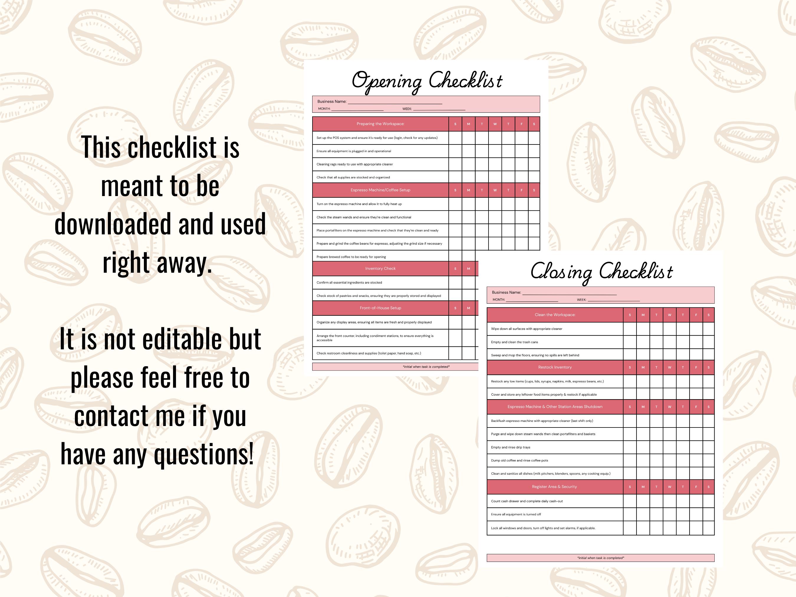 Barista Opening and Closing Checklist Printable PDF, Cafe Checklist ...
