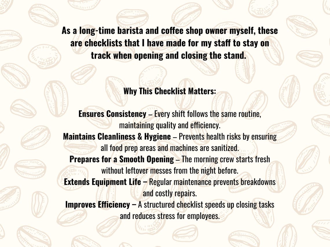 Barista Opening and Closing Checklist Printable PDF, Cafe Checklist ...