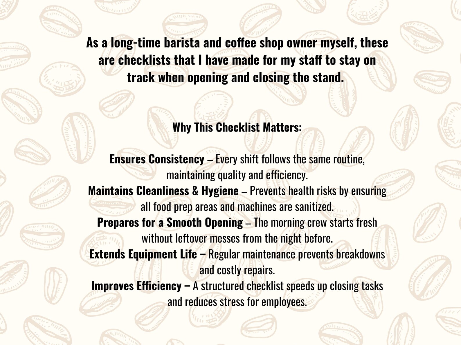 Barista Opening and Closing Checklist Printable PDF, Cafe Checklist ...