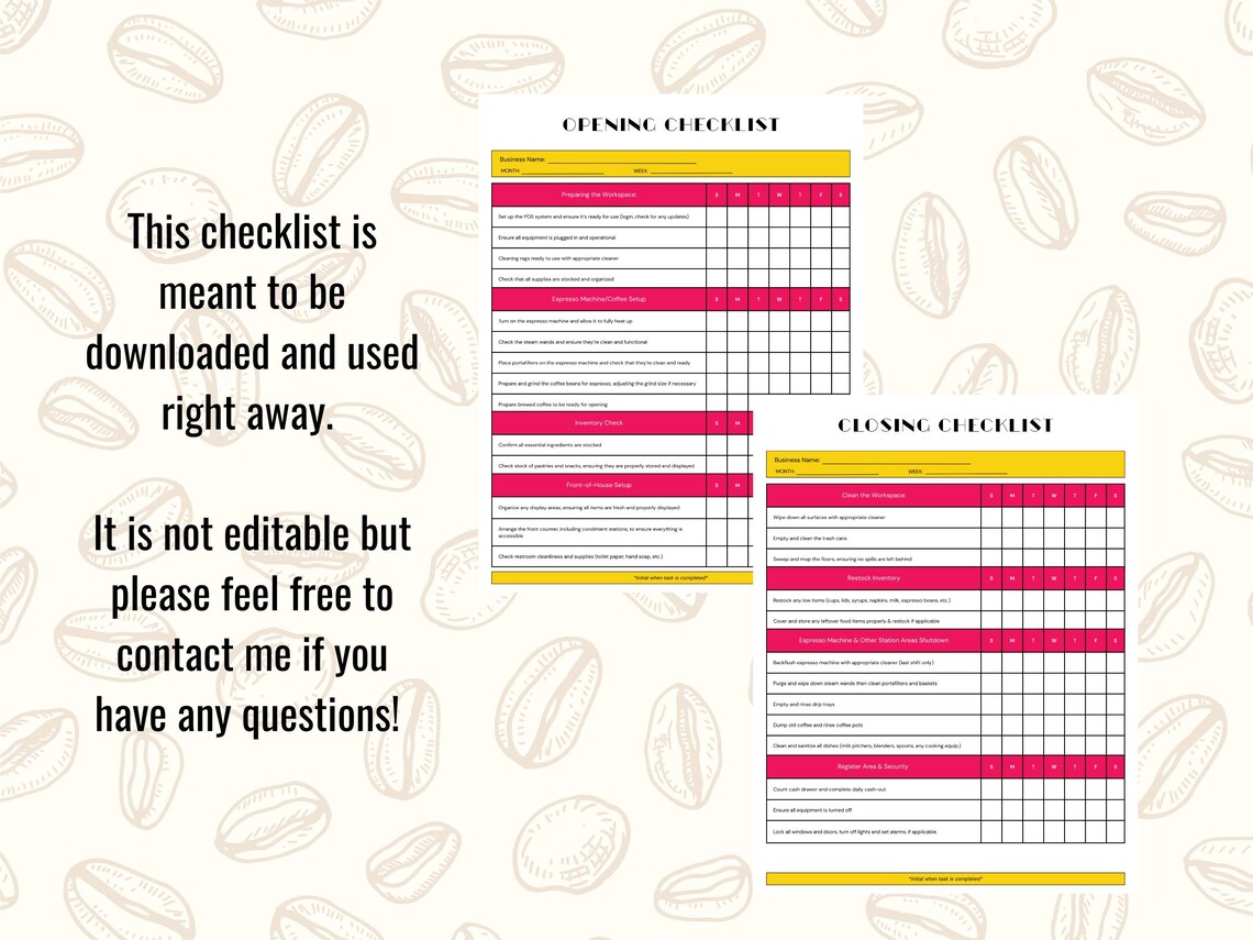 Barista Opening and Closing Checklist Printable PDF, Cafe Checklist ...