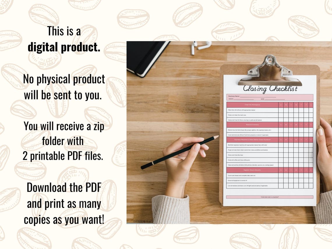 Barista Opening and Closing Checklist Printable PDF, Cafe Checklist ...