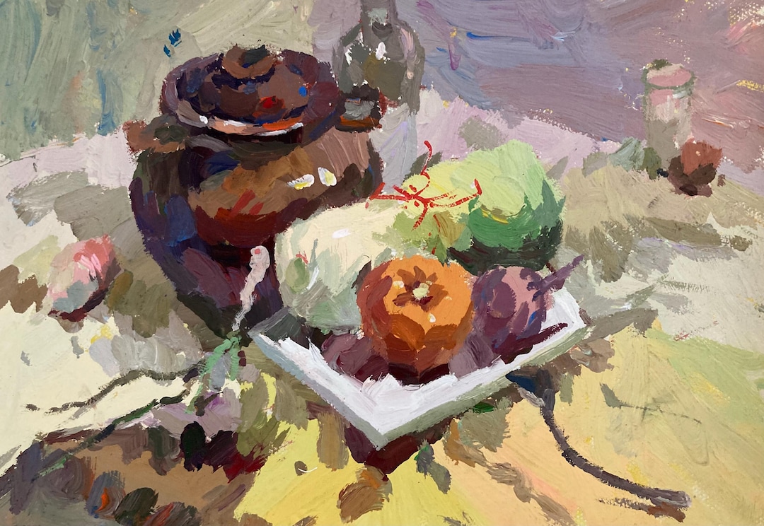 Original Gouache Still Life Painting, Vegetables and Bottle Art (25 Cm ...