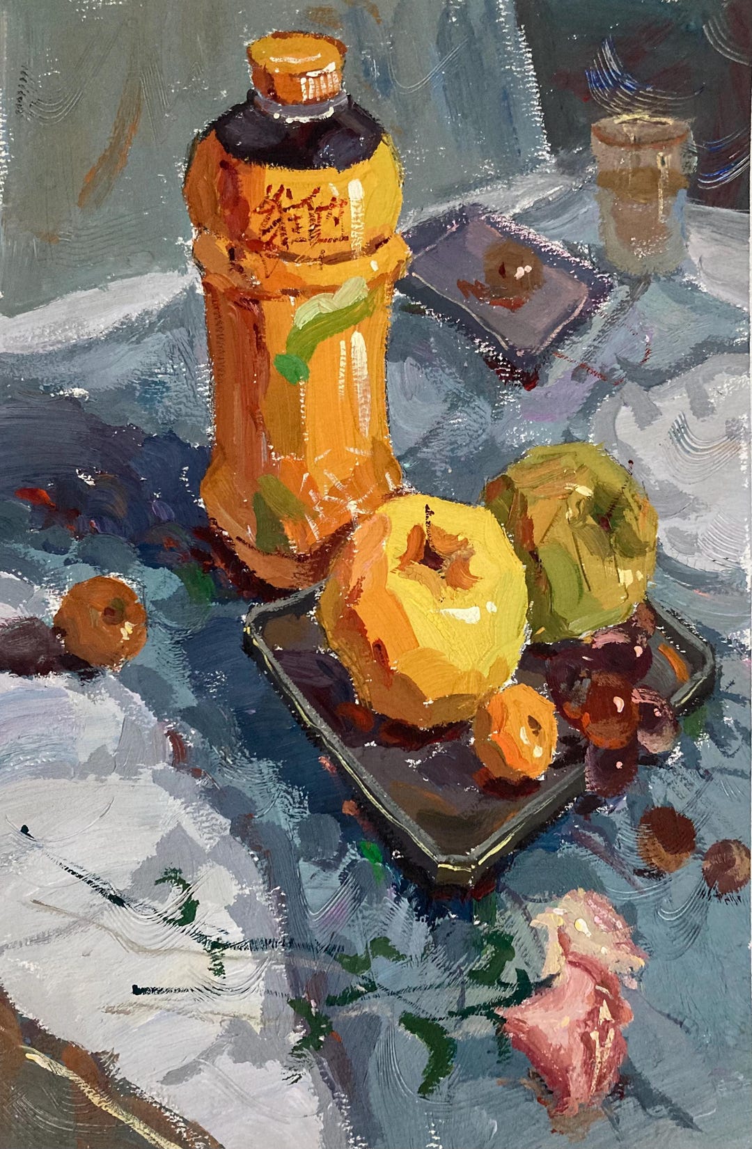 Original Gouache Still Life Painting, Fruits and Bottle Art (25 Cm X 37 ...
