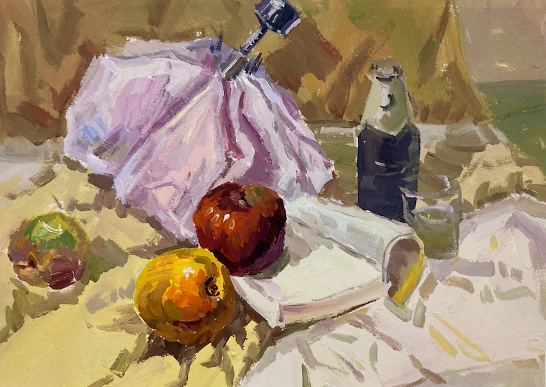 Original Gouache Still Life Painting, Fruits and Bottle Art (25 Cm X 37 ...