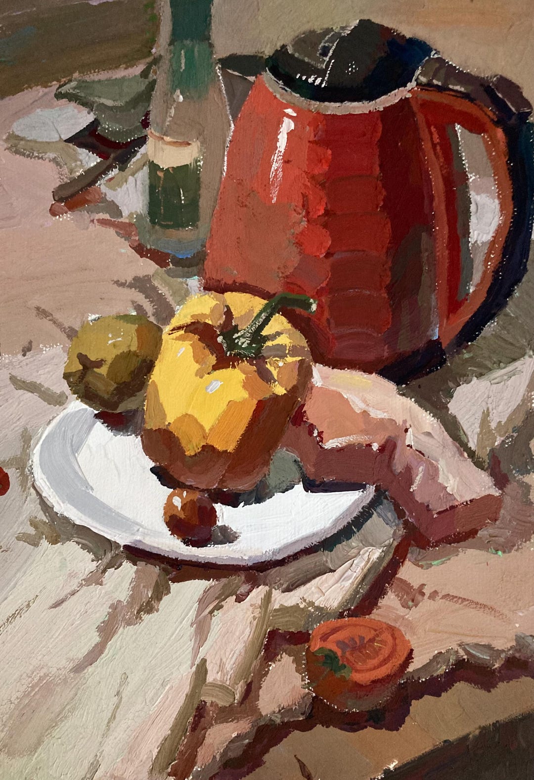 Original Gouache Still Life Painting, Fruits and Bottle Art (25 Cm X 37 ...