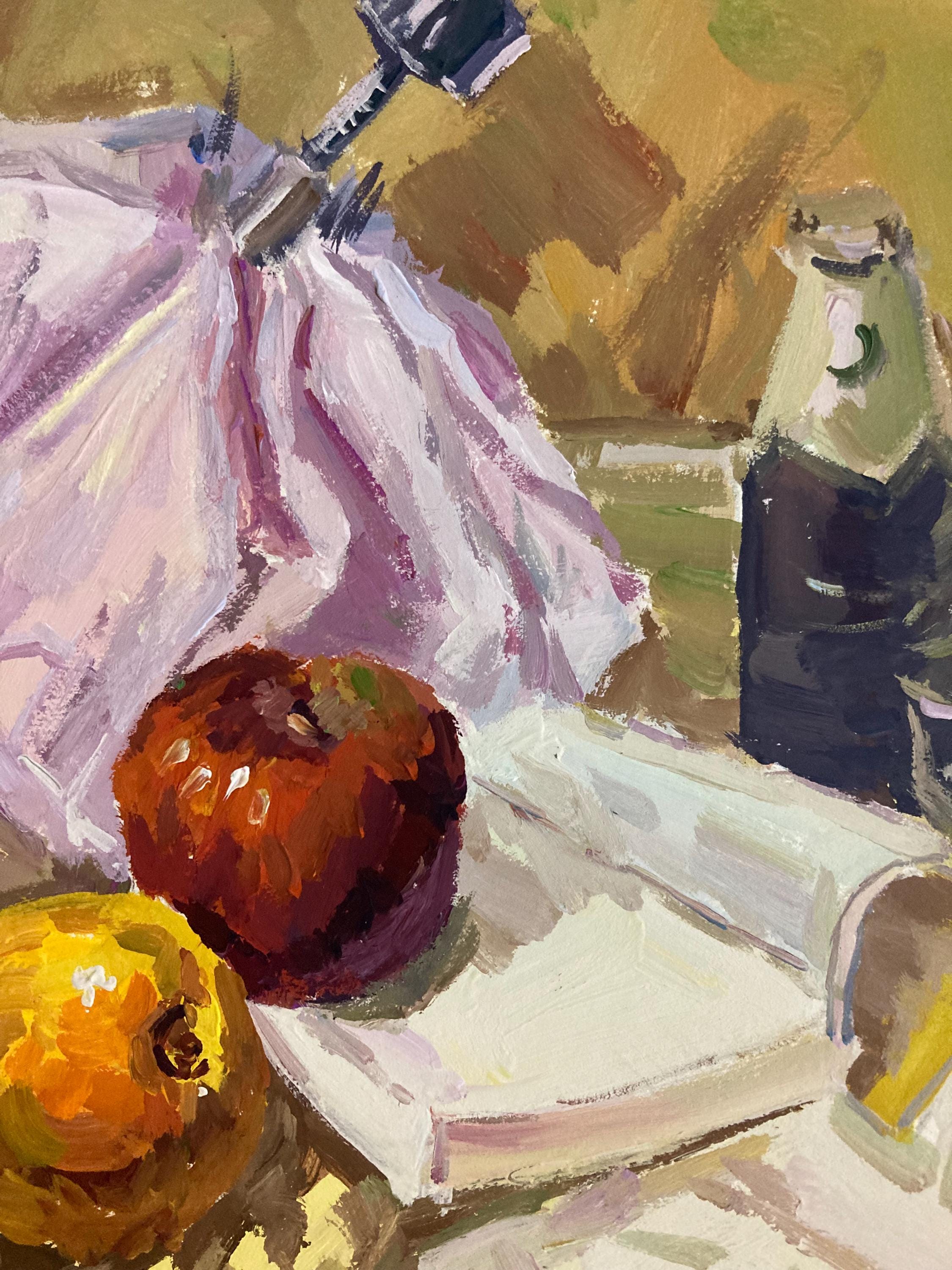 Original Gouache Still Life Painting, Fruits and Bottle Art (25 Cm X 37 ...