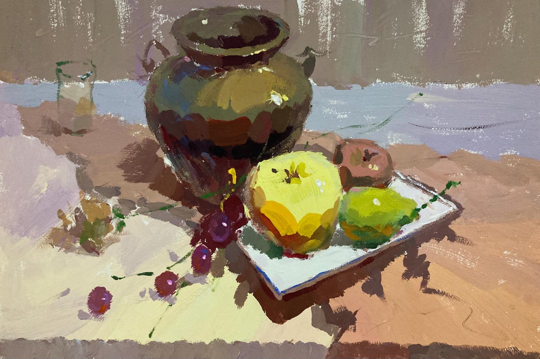 Original Still Life Gouache Painting, Fruit & Vase Art (25 Cm X 37 Cm ...
