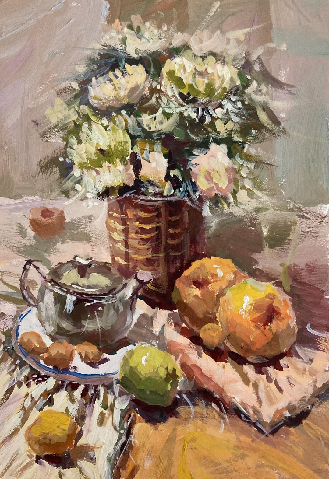 Original Gouache Still Life Painting, Fruits and Bottle Art (25 Cm X 37 ...