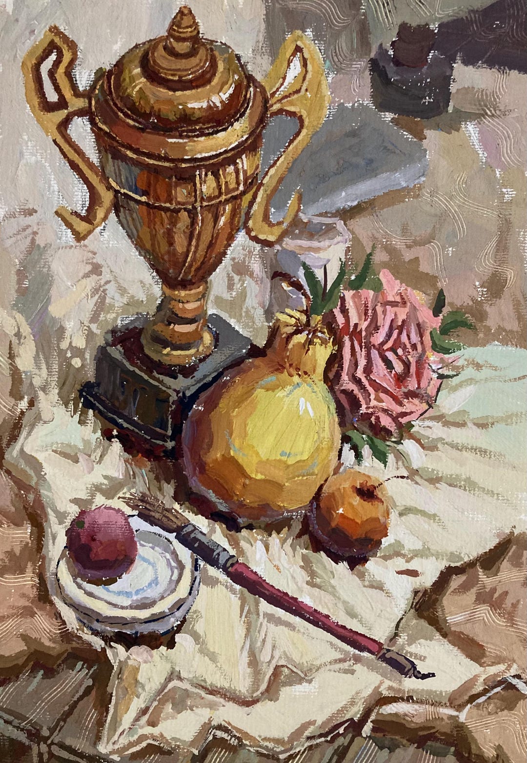 Original Still Life Gouache Painting, Trophy & Fruit, 25 Cm X 37 Cm - Etsy
