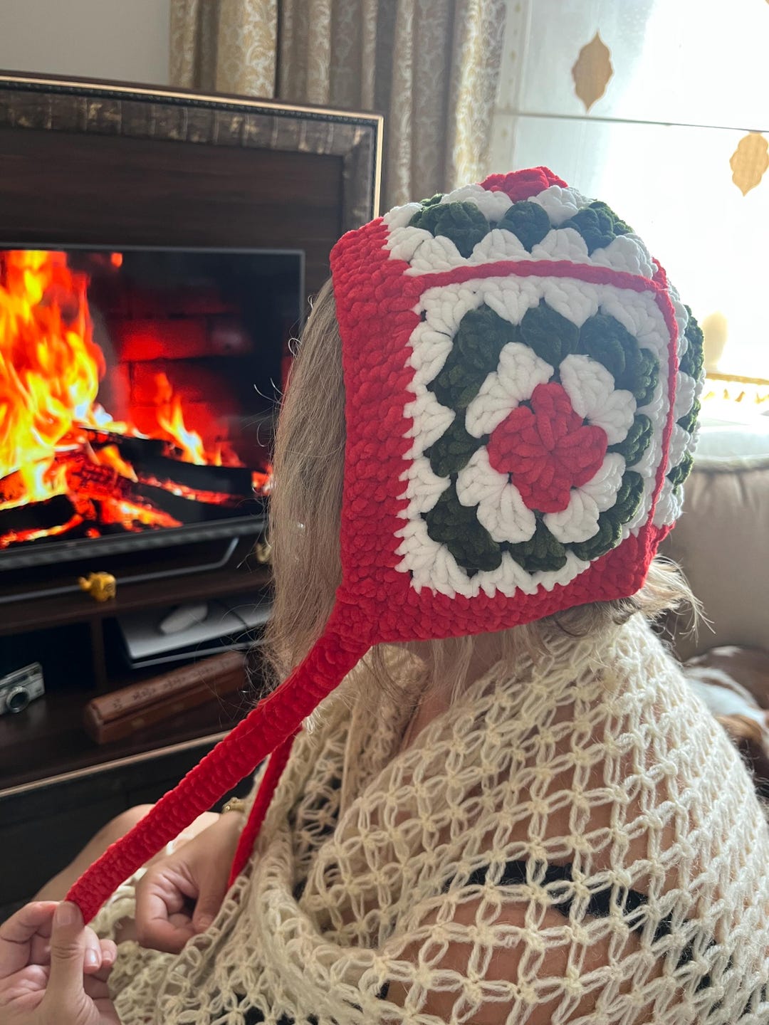 Crochet Velvet Granny Square Bonnet: Christmas Red Tie Hat - Etsy