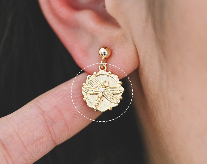 10pcs CZ Gold Round Dragonfly Charms 13mm, 18K Gold Plated Brass, Disk ...