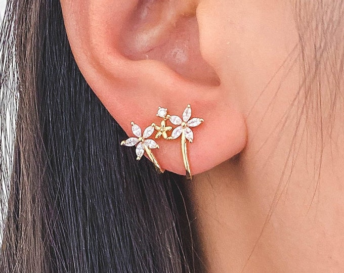 4pcs Flower Ear Cuff Studs 18K Gold Plated Brass CZ Pave Ear - Etsy