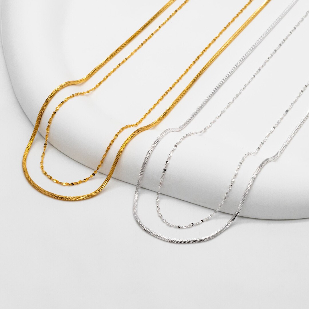 Sterling Silver Double Layer Necklace, Dainty Snake Chain, Layering ...