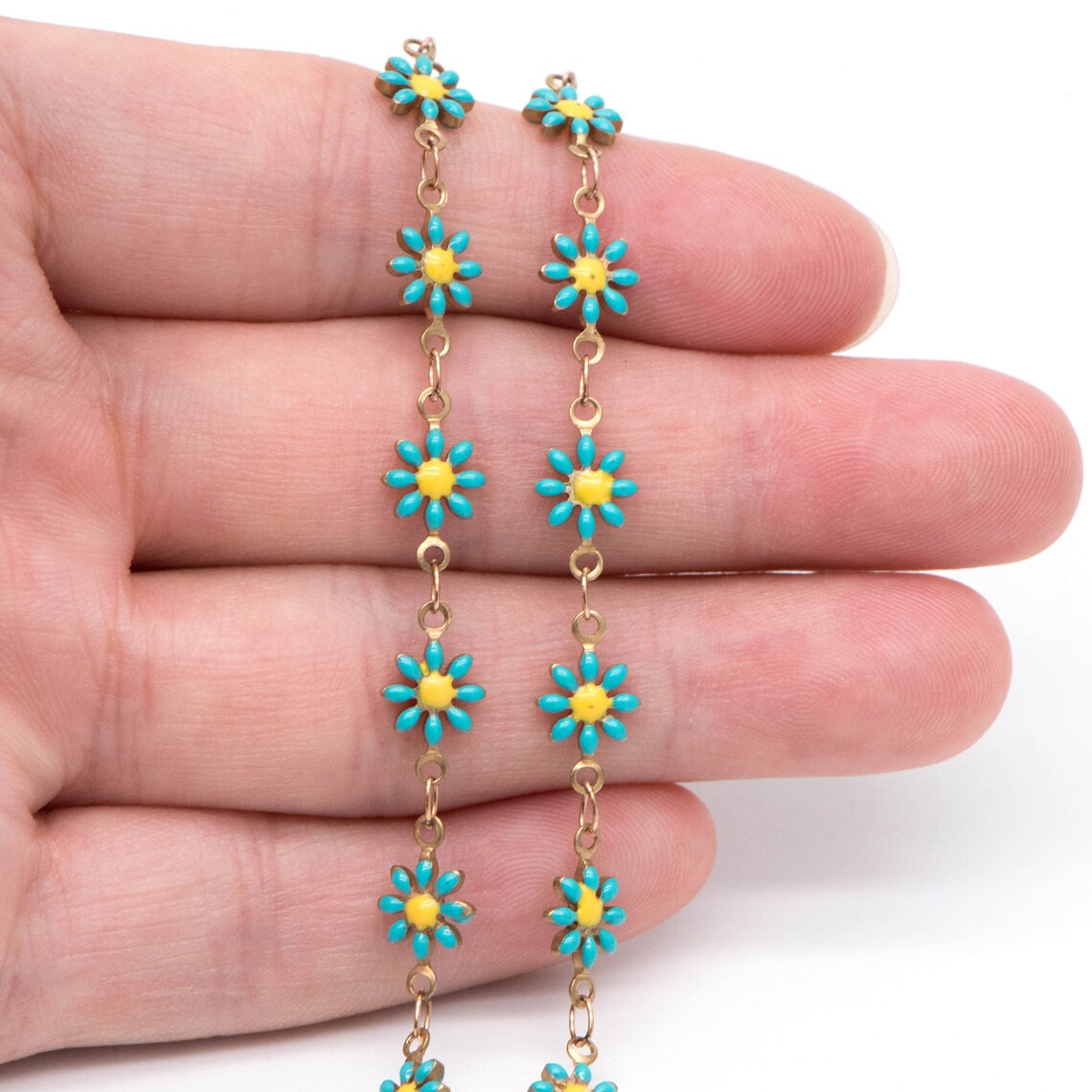 Enamel Flower Chain Daisy Chain Unplated Raw Brass Designer | Etsy
