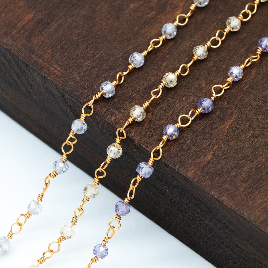 Gemstone CZ Beaded Chain, Cubic Zirconia Chains, 2.5mm Chain With 3mm ...