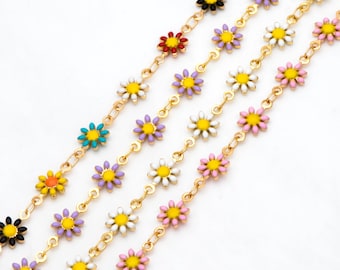 Enamel Flower Chain, Daisy Chain, Unplated Raw Brass Designer Chain 6mm ...