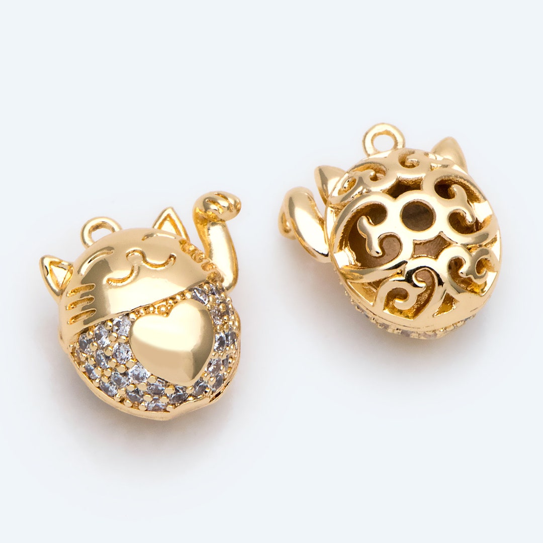4pcs CZ Pave Gold Cat Charms Hollow Lucky Cat Charm Maneki - Etsy