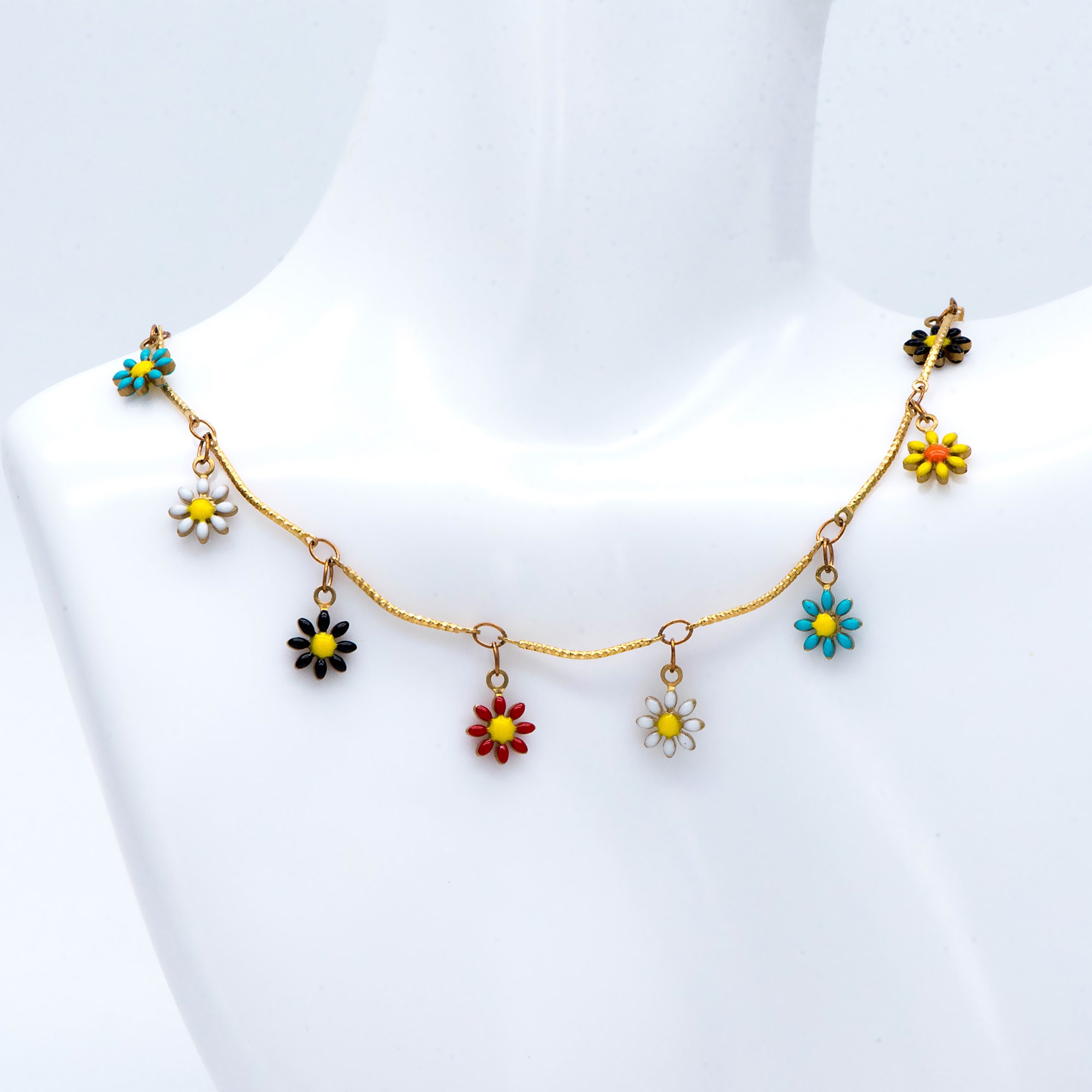 Enamel Flower Chain Daisy Chain Unplated Raw Brass Designer - Etsy
