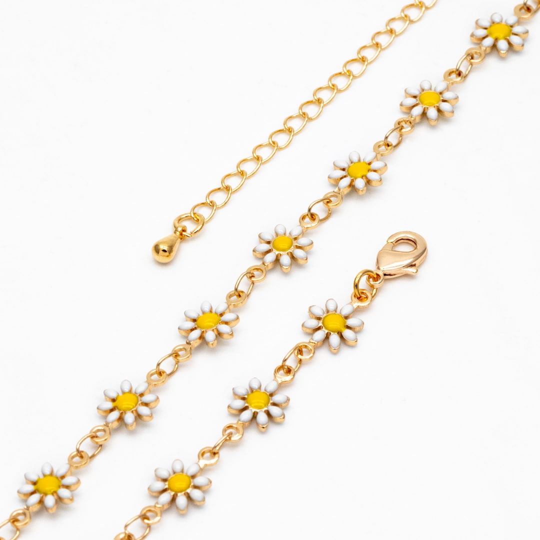 Gold Enamel Flower Chain, White Daisy Chain, Finished Bracelet/ Anklet ...