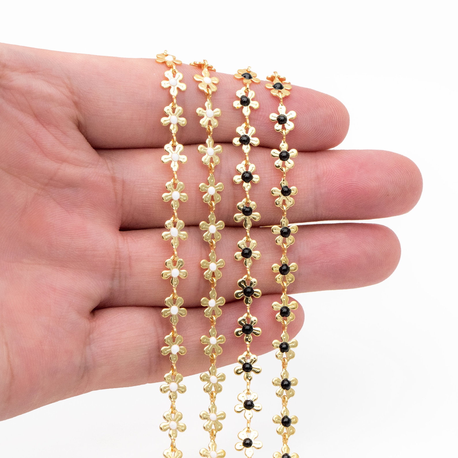 Enamel White/ Black Flower Chain, Gold Plated Brass Designer Chain 6mm ...