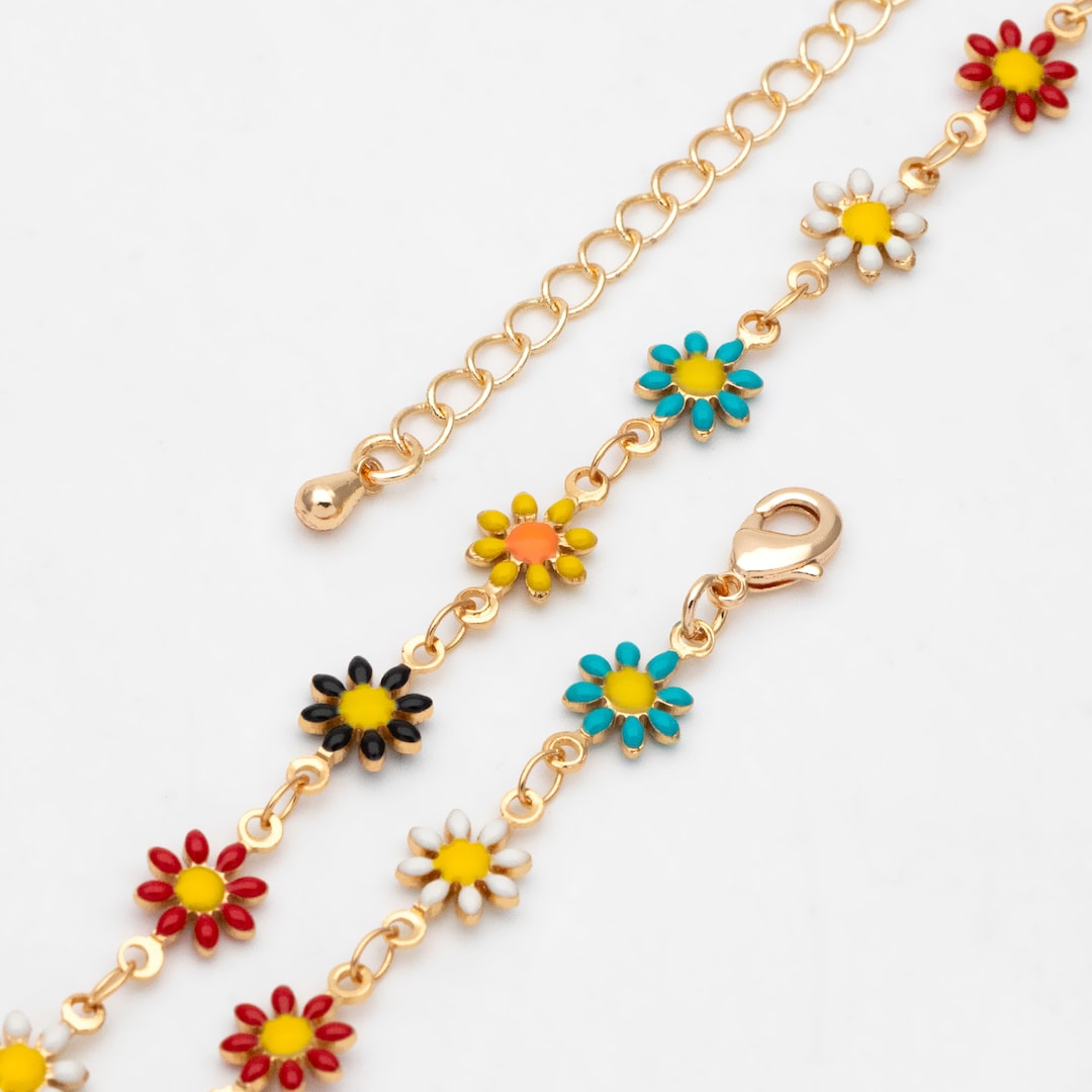 Gold Enamel Flower Chain, Daisy Chain, Finished Bracelet/ Anklet ...