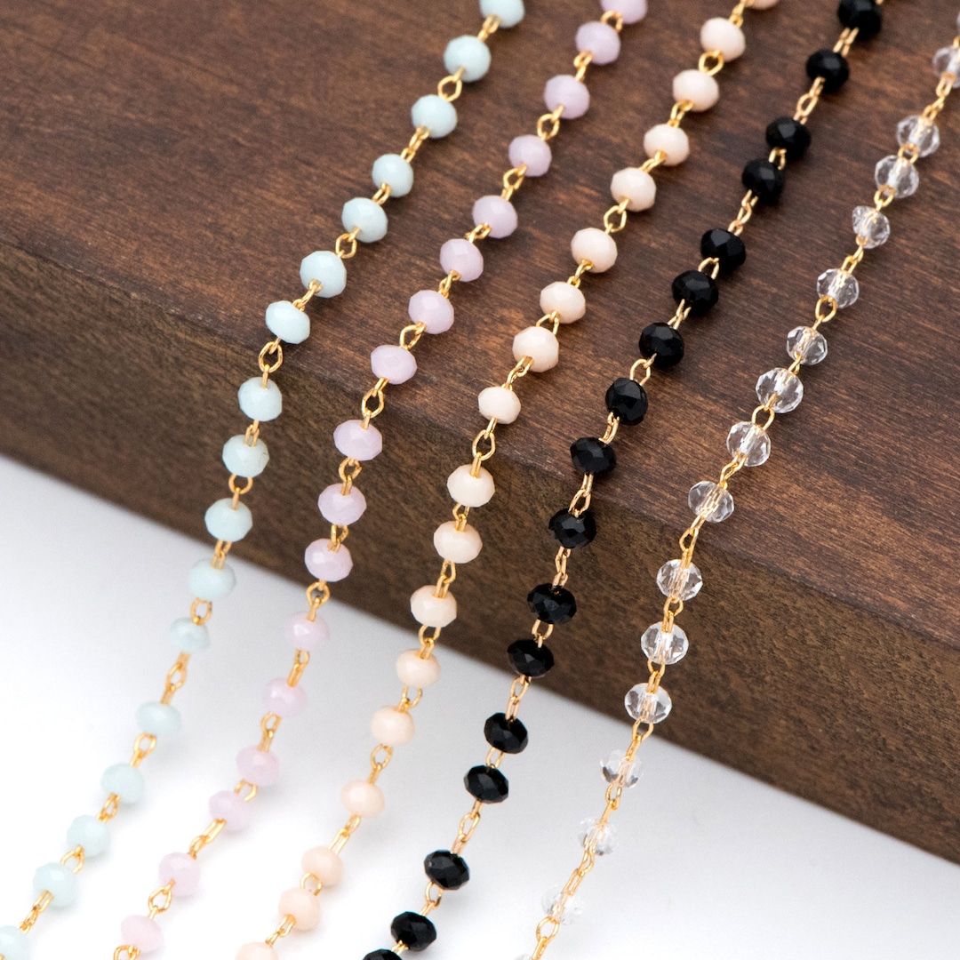 Gold Crystal Beaded Chain 3mm Thin, Gold Plated Brass Chain With Glass ...