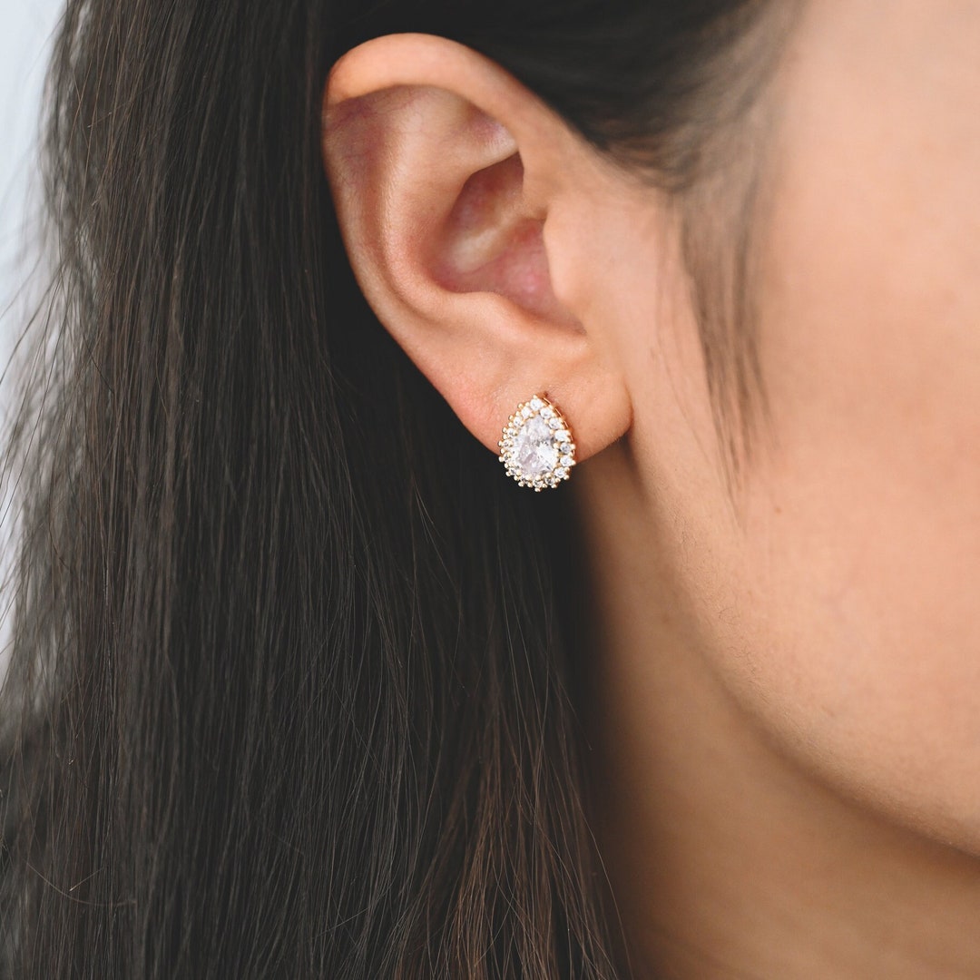 4pcs CZ Pave Teardrop Ear Posts, 18K Gold Plated Brass, Water Drop Stud ...